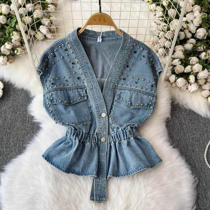 Denim Shirt Vest Women Spring Casual Beaded Sleeveless High-End Vest ...
