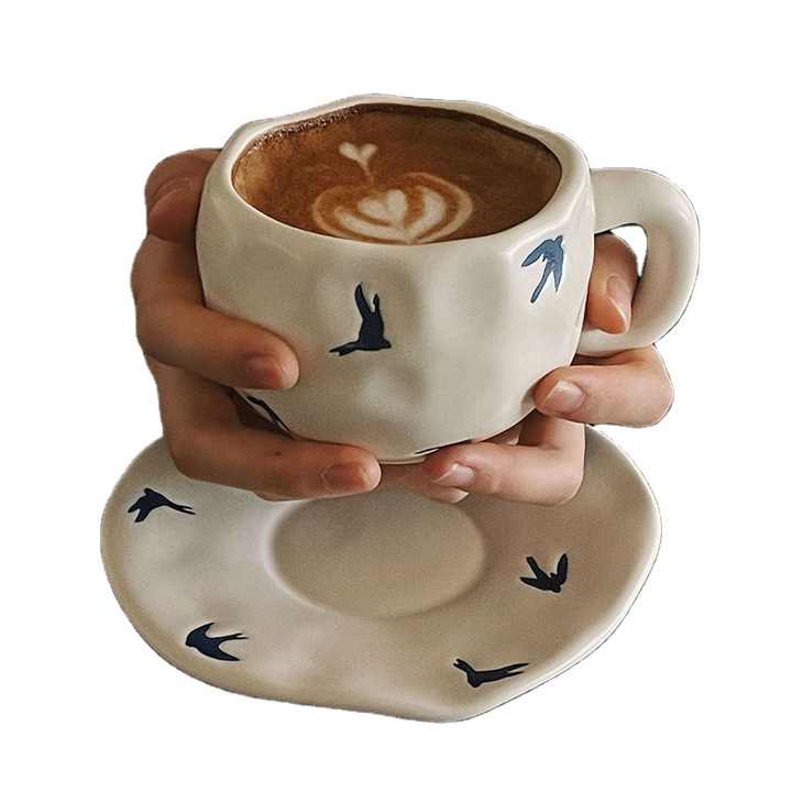 Japanese Retro Hand-Painted Ceramic Coffee Cup & Saucer