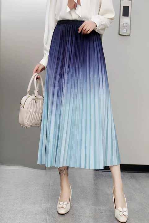 Y402018 Gradient Color Pleated Skirt Female High Waist Long A-Line Mid ...
