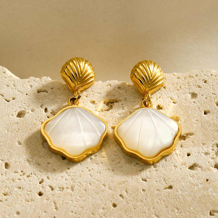 Fashion 18K Gold Plated Shell Shaped Earrings Stainless Steel White ...