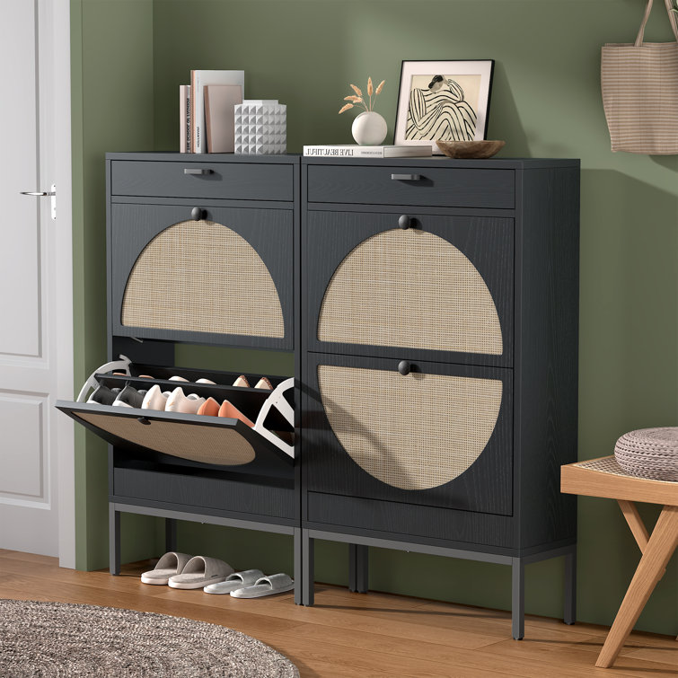 ultra Thin Space Saving Luxury Modern Grey Mdf Wooden Slim Tipping Bucket Flip Shoes Cabinet