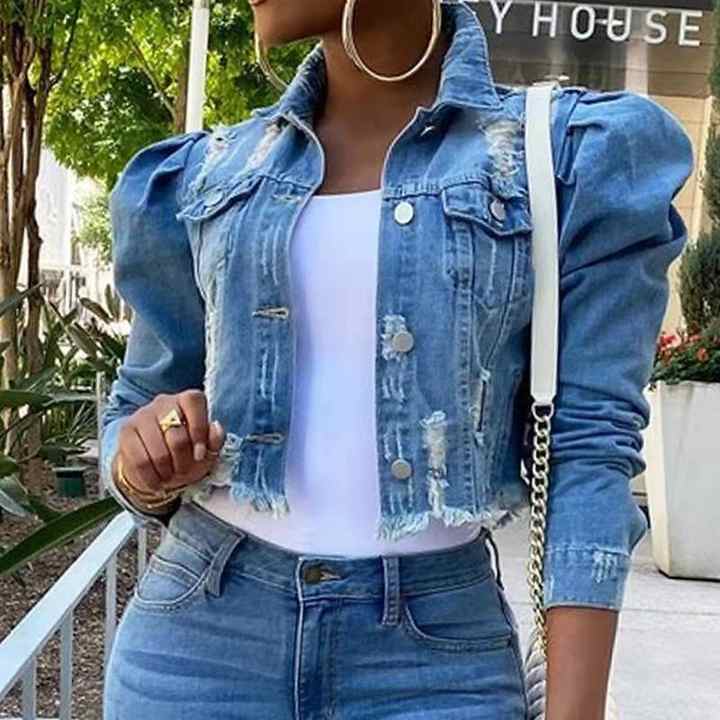 Snow Washed Grey Denim Jacket Women Short Jean Denim Coat Drop Shoulder ...