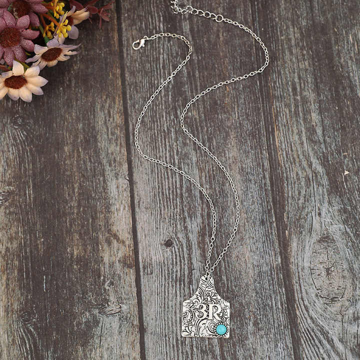 Western Boho Cattle Tag Letter Turquoise Pendant Monogram Necklace- AL ...