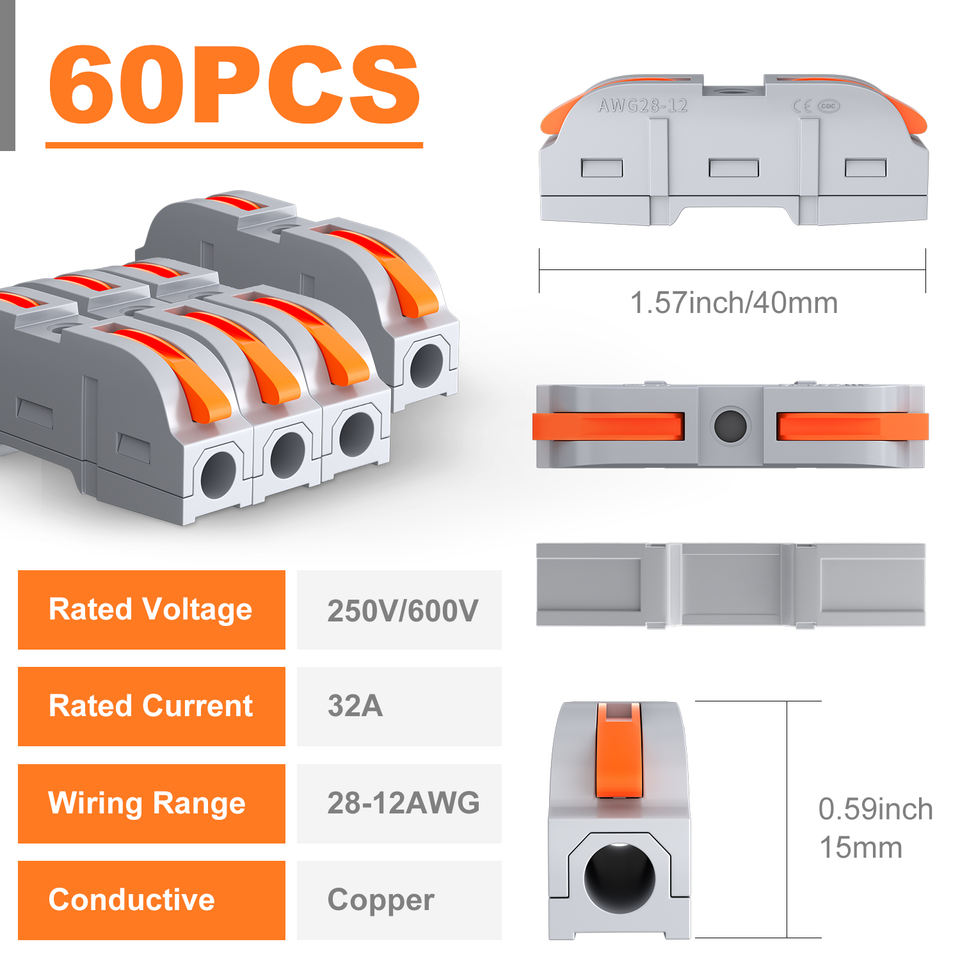 60PCS Push in Wire Connector - 1 to 1 Inline Quick Splice