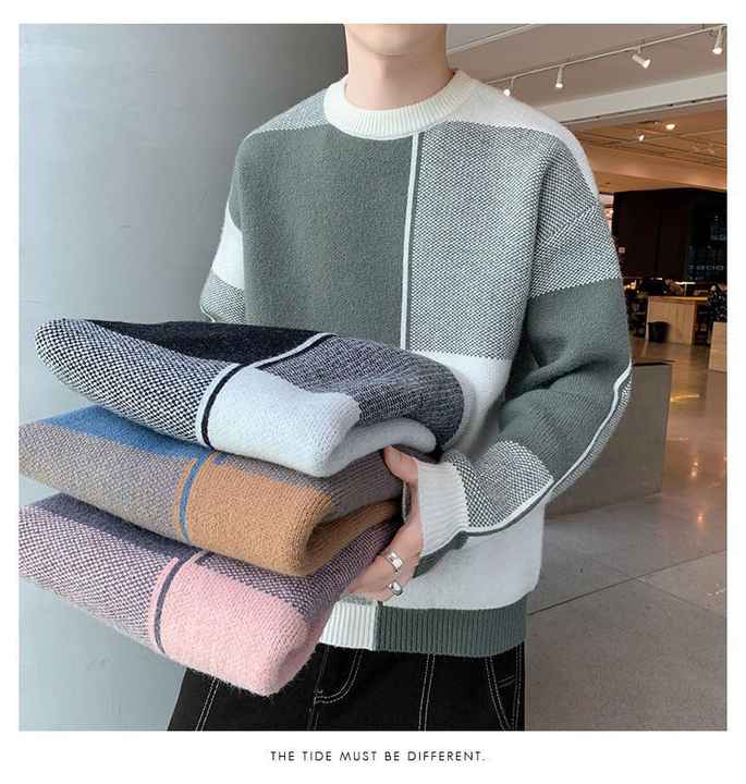 Winter Fashion Loose Color Block Thickened Round Neck Pullover Contrast ...