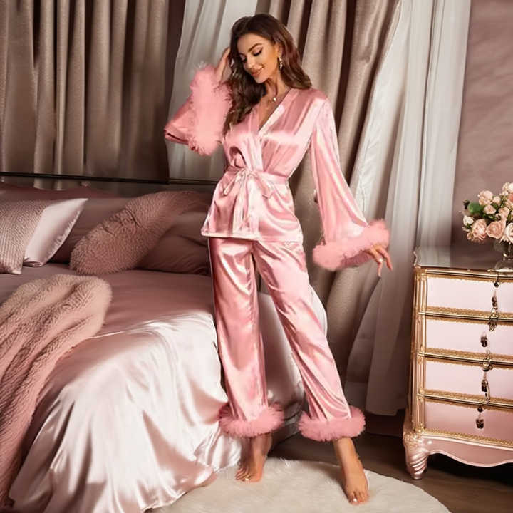 Women's Blue Satin Pyjama Set Two Pieces with Feather Print Casual ...