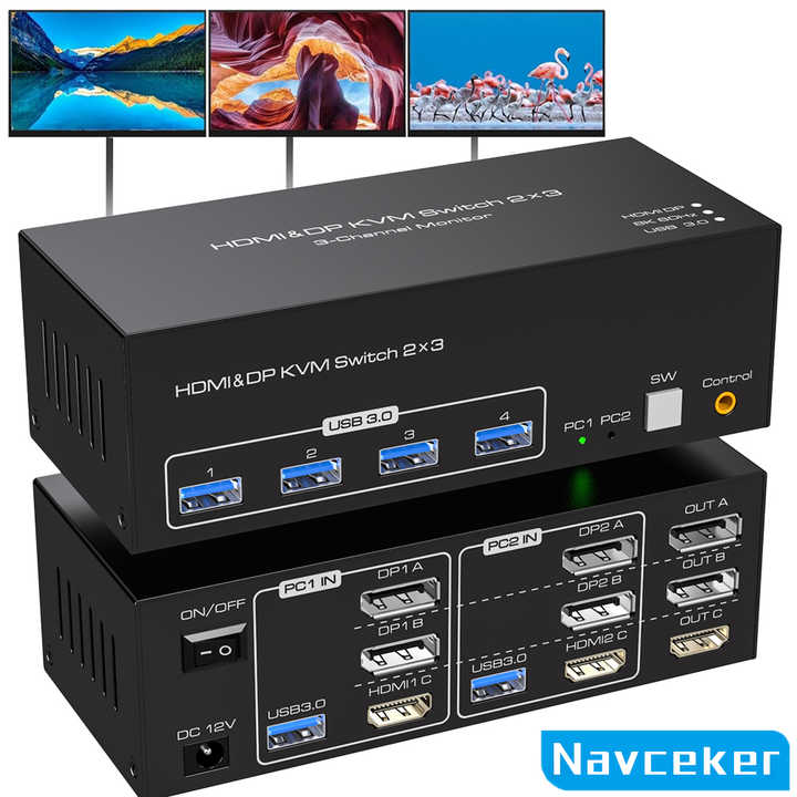 8K Triple 2 Displayport HDMI USB 3.0 KVM Switch 3 Monitors 2 Computers ...