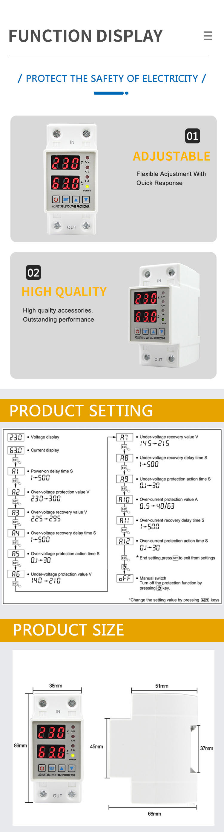 Din Rail Adjustable Digital Voltage Protector 63A 230VAC Overvoltage ...
