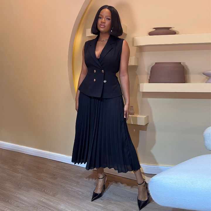 Formal Black Pleated Skirt Outfit - Double Breasted Top