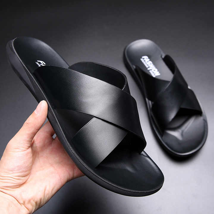 Luxury Men's Summer Genuine PU Flat Sandals Cross-Strap Open Toe Design ...