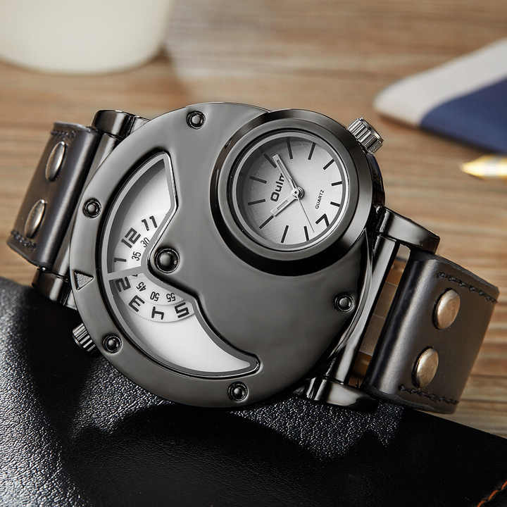 Oulm Quartz Watches - Stylish Dual Time Zone Leather Sport Watch