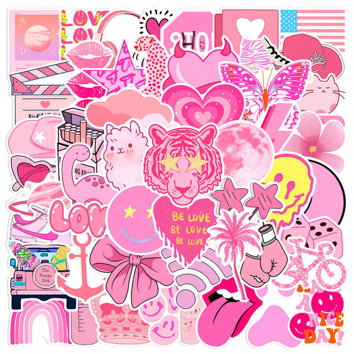 50 Pcs Waterproof Vinyl Stickers - Cute Pink Cartoon Decor for Parties ...