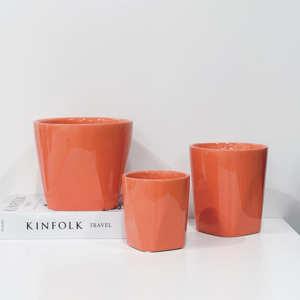 Orange Geometric Faceted Ceramic Planters - Round-Mouth Tapered Indoor ...