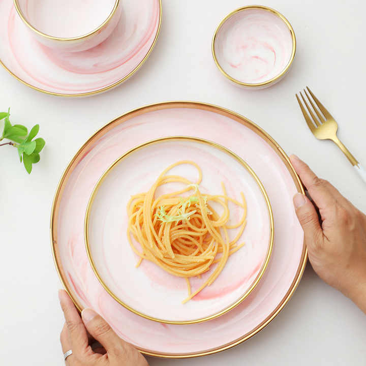 Patra Ceramic Pink Plate Set with Nordic Trim & Gold Inlay