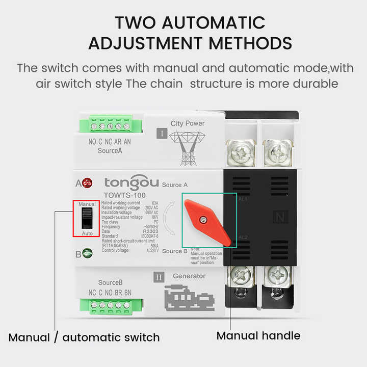 TONGOU 2P ATS Automatic Transfer Switch Selector 16A-100A Electrical ...