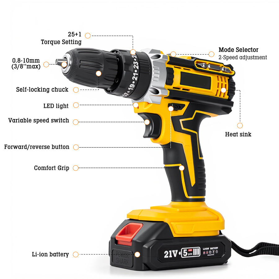 High Torque Drill 21V Cordless Electric Impact Drill Brushless Motor ...
