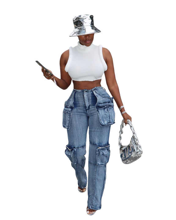 Cargo Jeans Women Big Pocket Loose Female Denim Pants 2024 Spring Winter Casual Straight ...