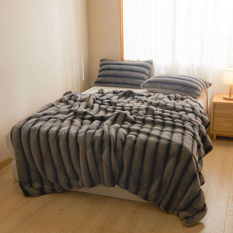 Cozy Stripped Cozy Faux Rabbit Fur Milk Velvet Blankets Throw Warm ...
