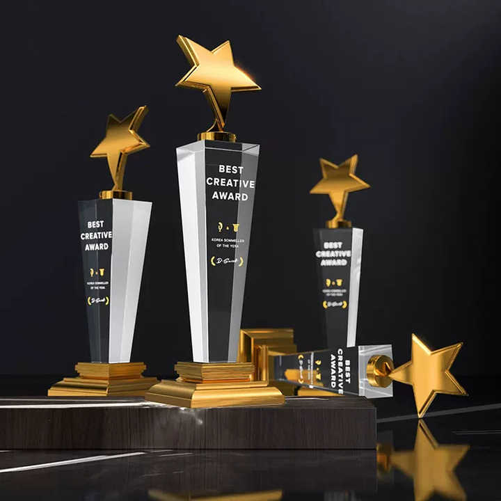 Custom Gold Star Crystal Award Trophy With Metal Star Glass Trophy ...