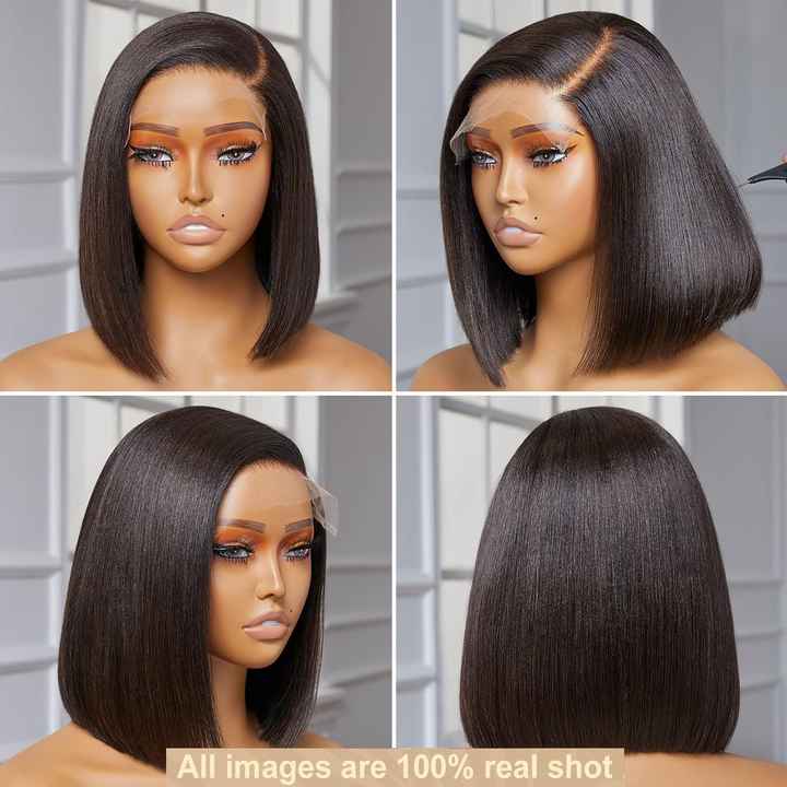 Natural Black HD 13*4*1 L Lace Frontal Bob Side Part Wig Synthetic Hair ...