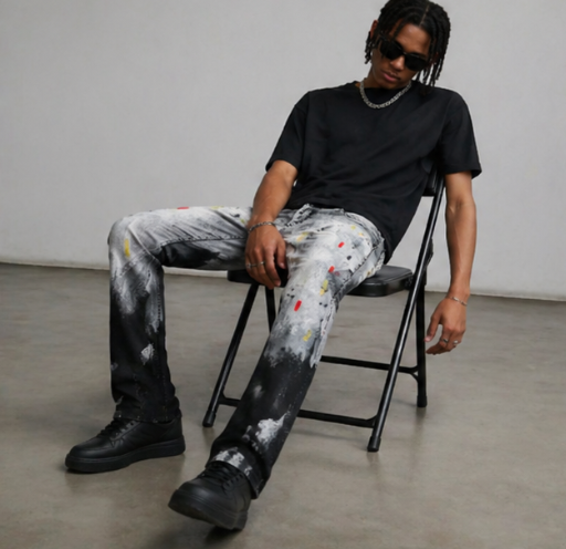 Custom Men Paint Splatter Jeans Black White Acid Wash Slim Fit ...
