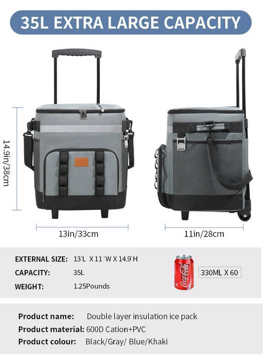 35L Outdoor Soft Rolling Cooler with Wheels - Perfect for Picnic