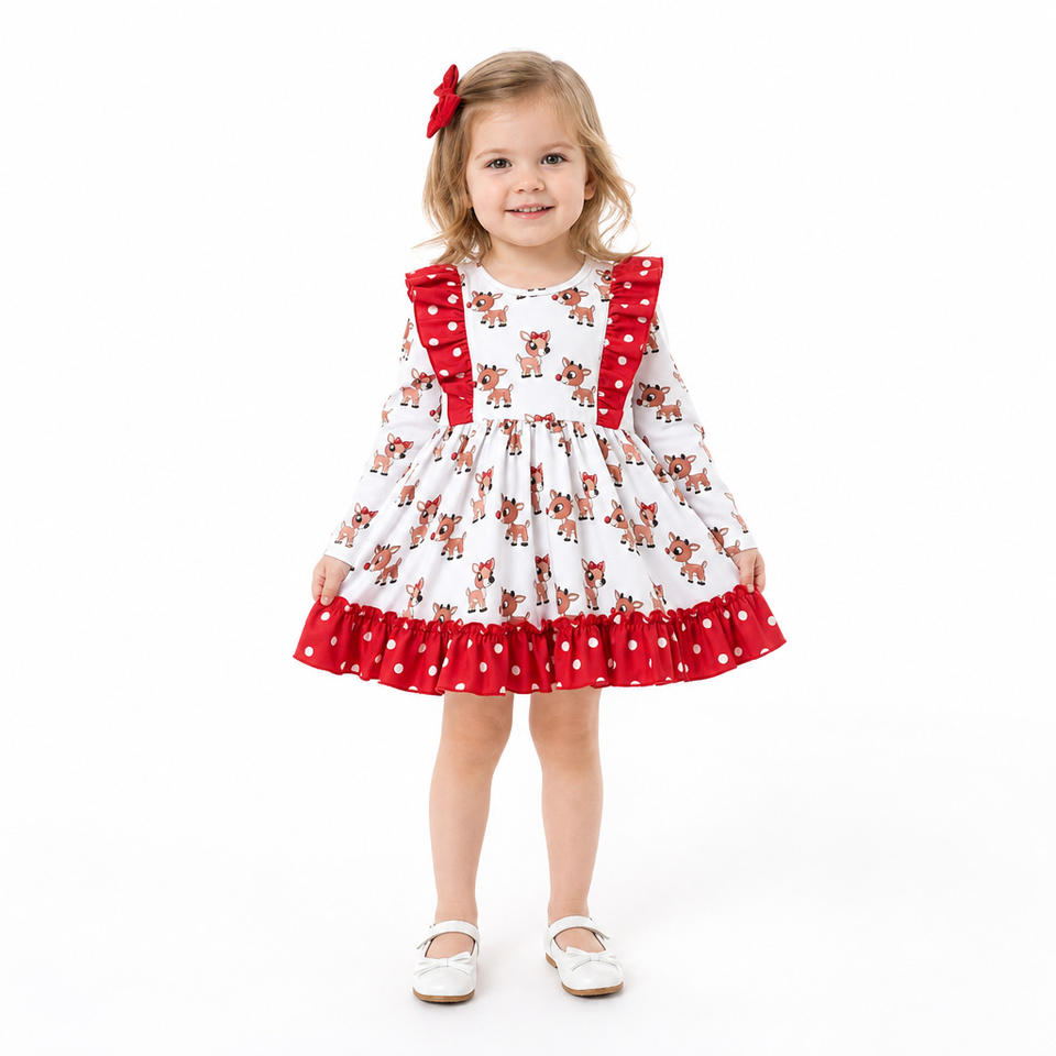 Cartoon Reindeer Pattern Red Frill Trim Long Sleeve Children Dress 3 ...
