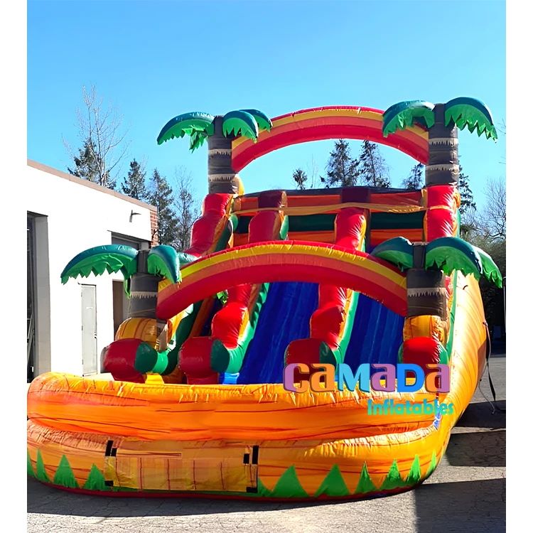 Heavy Duty Marble Yellow Palm Tree Water Slide PVC Dual-Lane Inflatable ...