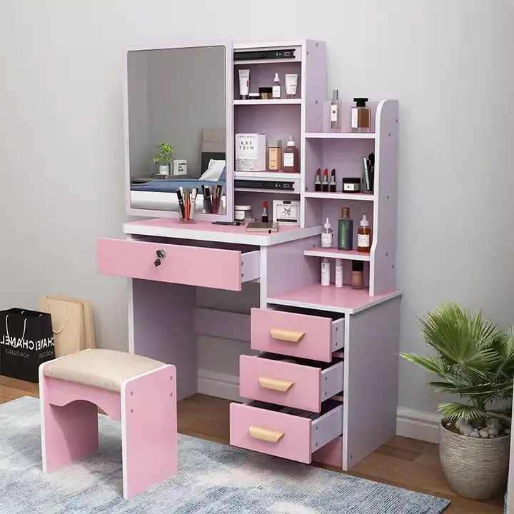 Cheap Nordic Simple Style Bedroom Make up Dresser Vanity Dress Table With LED Mirror Drawers