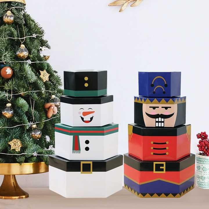 Christmas Hexagon Stacking Boxes Set with Snowman and Nutcracker Designs for Wall Shelf Decor ...