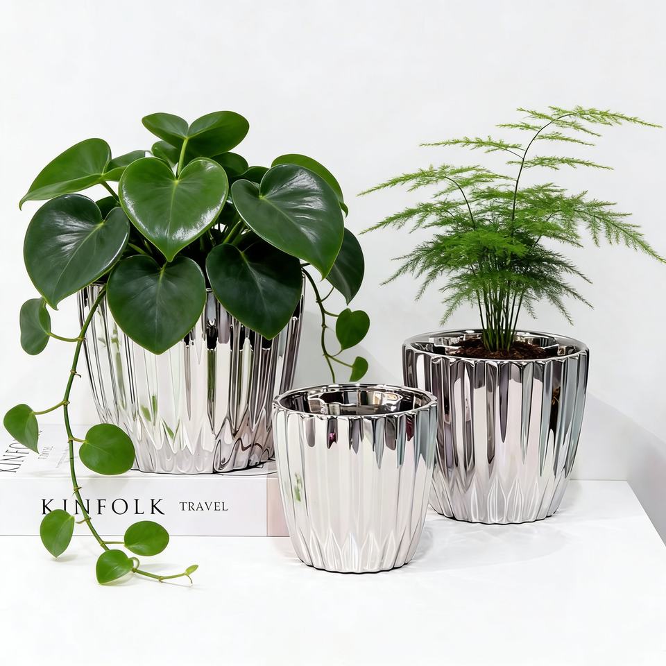 Silver Electroplated Ceramic Flower Pot Set (3 Sizes) - Glossy Planter ...