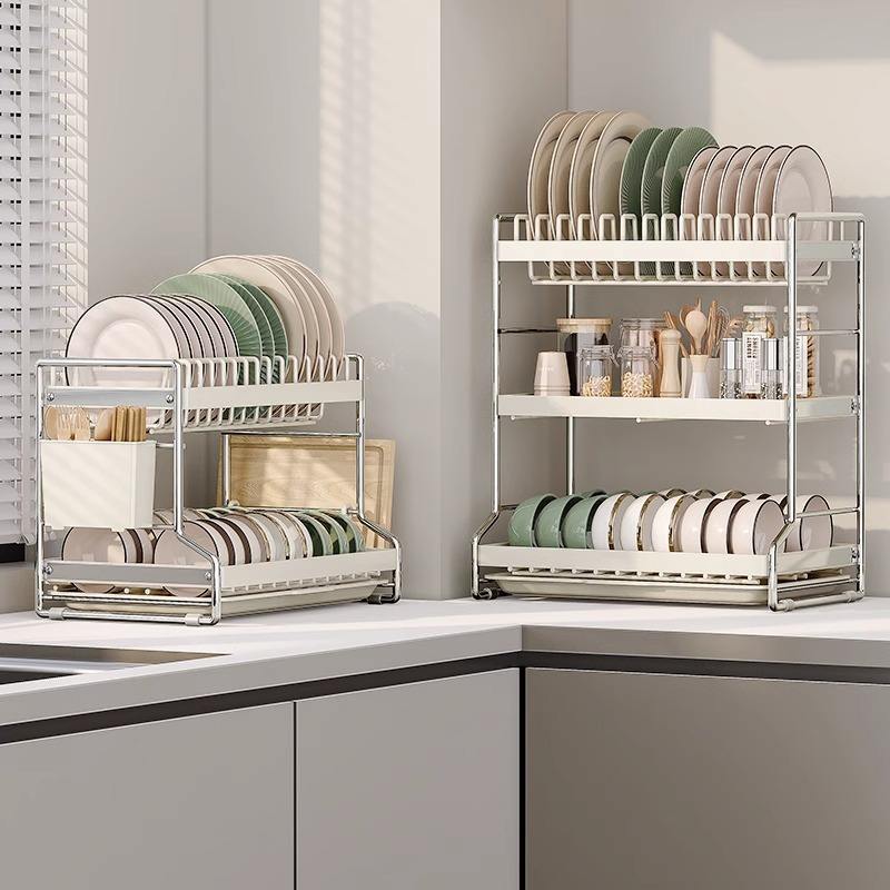 Modern Carbon Steel 3 Layer Kitchen Dish Drain Rack Portable Side ...