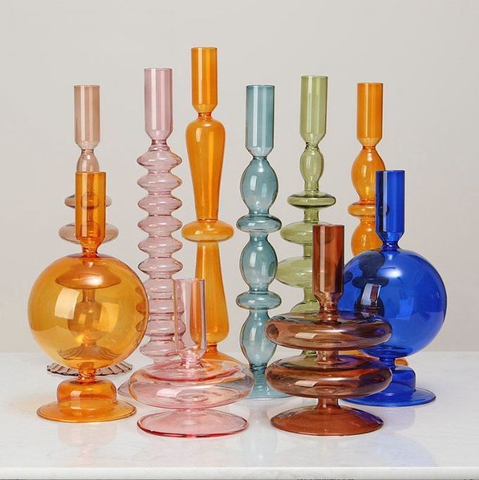 Borosilicate Hand Blown Clear Colored Tall Candlestick