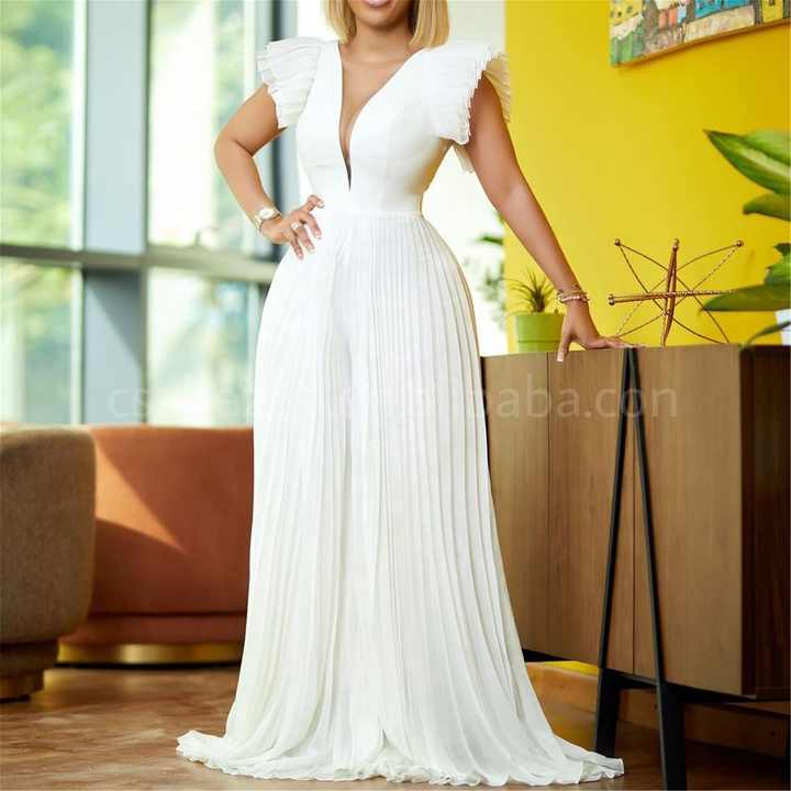 ZHEZHE Summer Flying Sleeves With Temperament Pleated Splicing Deep V ...