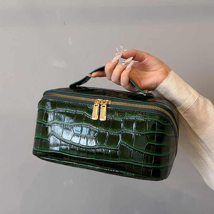 Pink Crocodile Pattern Women'S Leather Portable Waterproof Cosmetic Bag ...