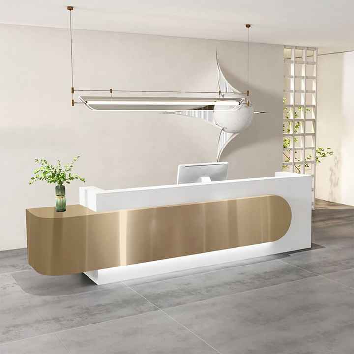 Customized Color Modern Solid Surface Reception Desk LED Light Wood Front Counter for Hotels ...