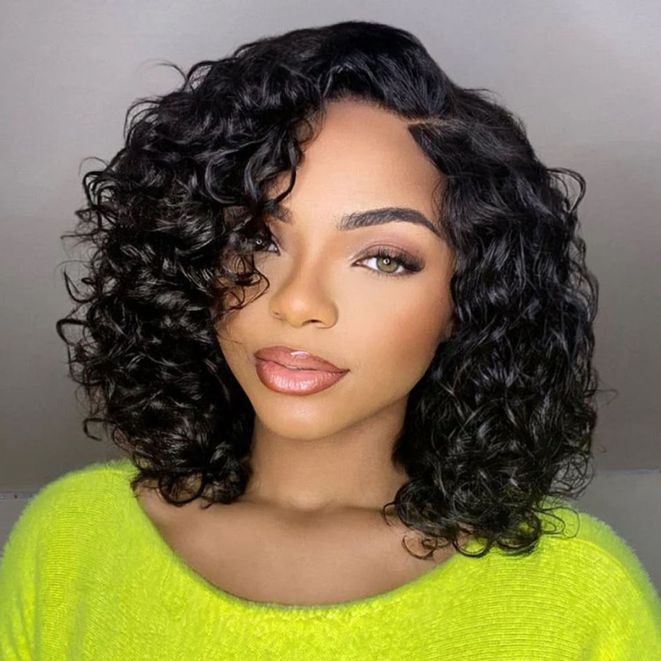 Human Short Hair bob Wig With Bangs Curly Non Lace bob Wig 14 Inch ...