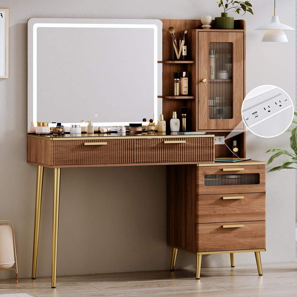 2026 Elegantly Dressing Table Wooden Dresser with 5 Drawers and Storage ...