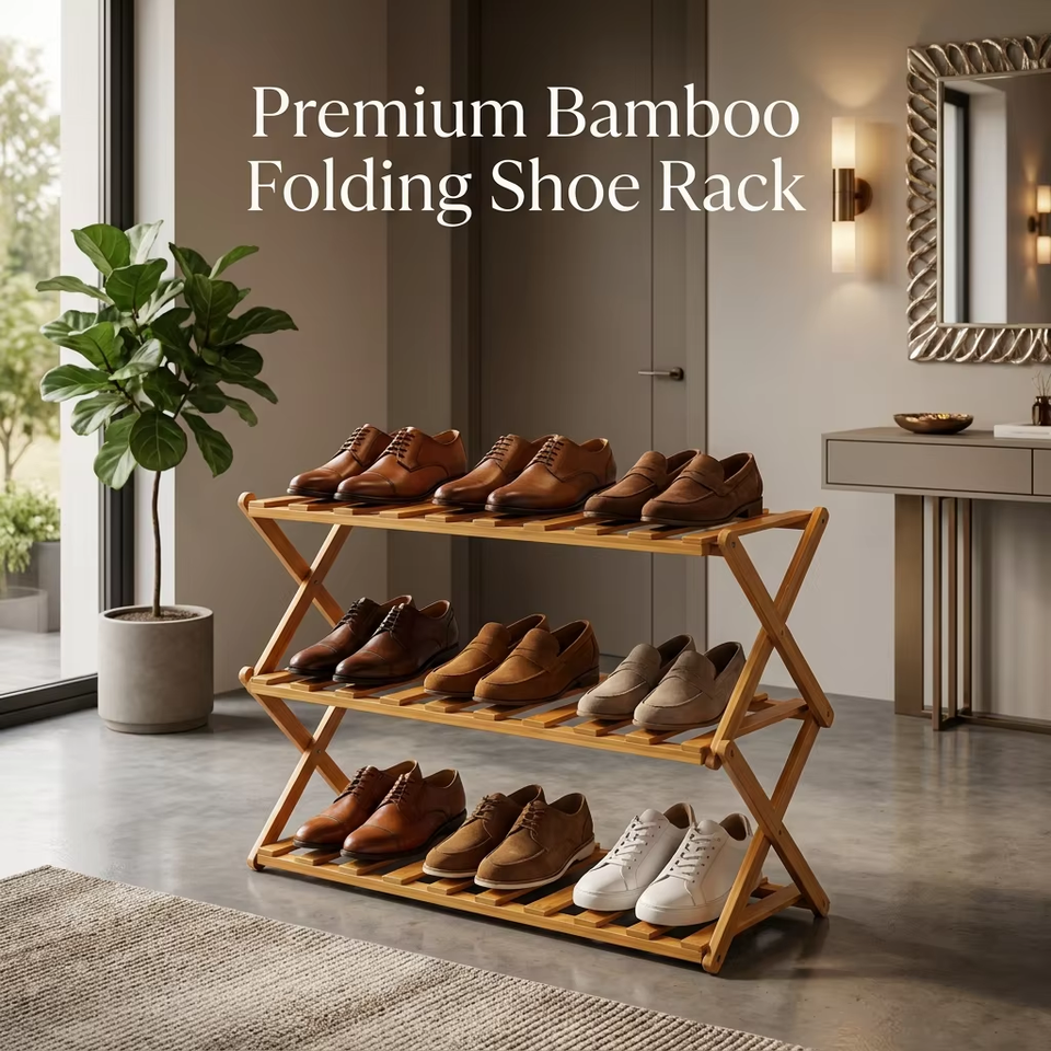 3-Tier Bamboo Folding Shoe Rack - No Assembly Needed - Portable Space ...