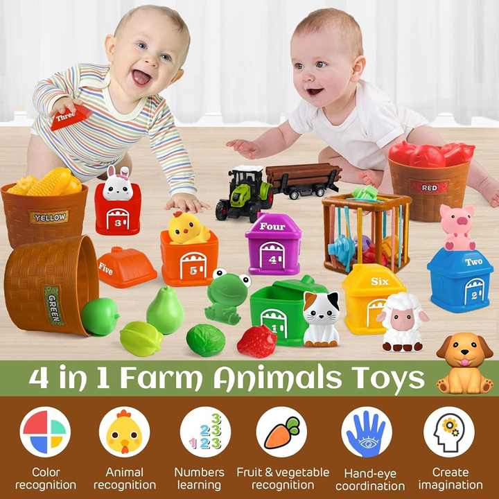 4 in 1 Farm Theme Montessori Baby Early Educational Toy Color Animal ...