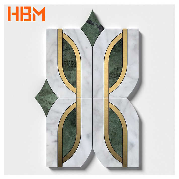 White Carrara Honed Butterfly Marble Mosaic Verde Tia Tile Inlay Brass
