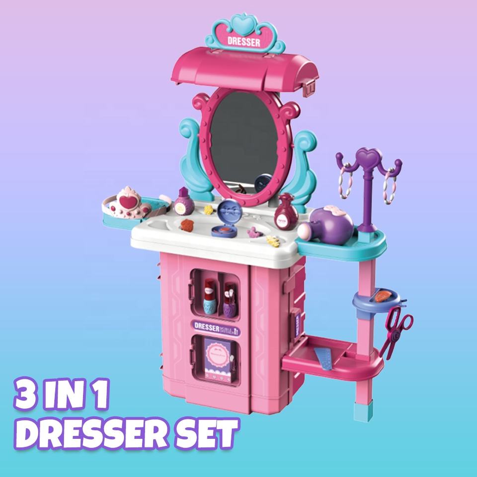 3-in-1 Kids Dresser Toy with Mirror Makeup Vanity Table and Storage ...