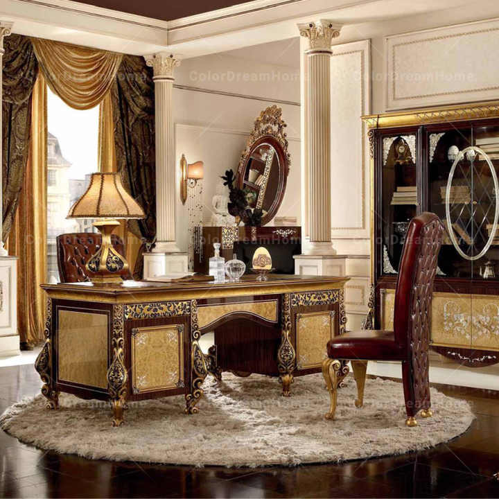 Rococo Luxury Home Office Furniture - Golden Desk & Chair