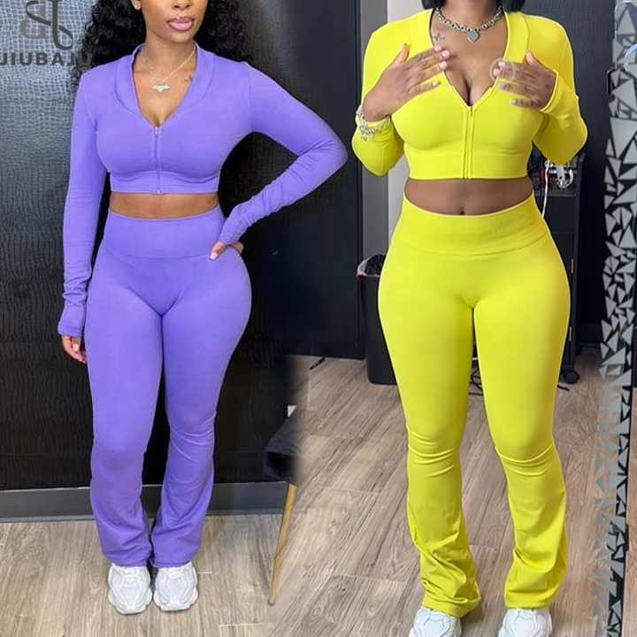 Seamless Female 2 Piece Gym Set Women Yoga Set Workout Tracksuit Fitness Sport Flared Pants Long ...