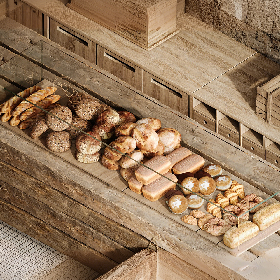 Industrial Boutique Bakery Long Thick Wood Plank Stacked Straight ...