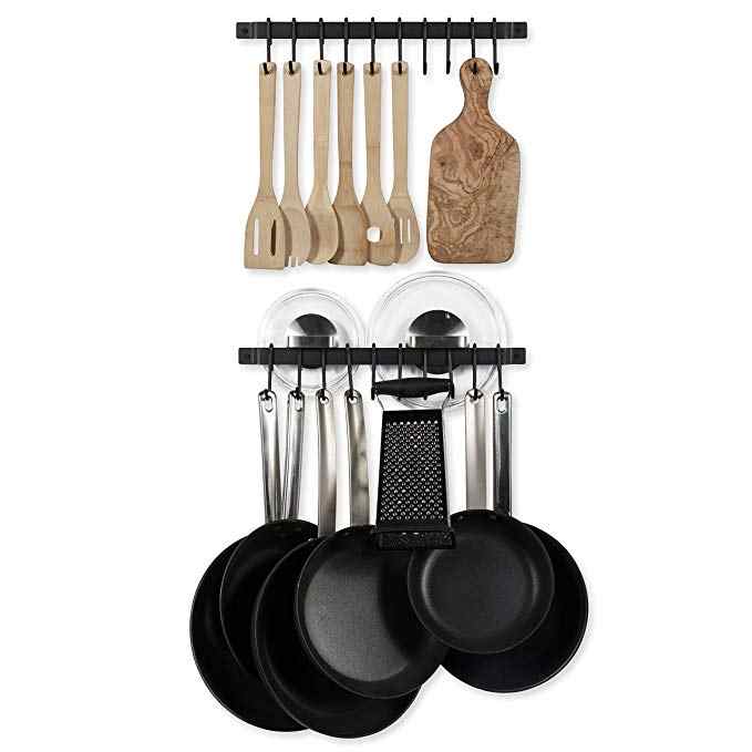 Black Kitchen Rail with Hooks - Stylish Storage Solution