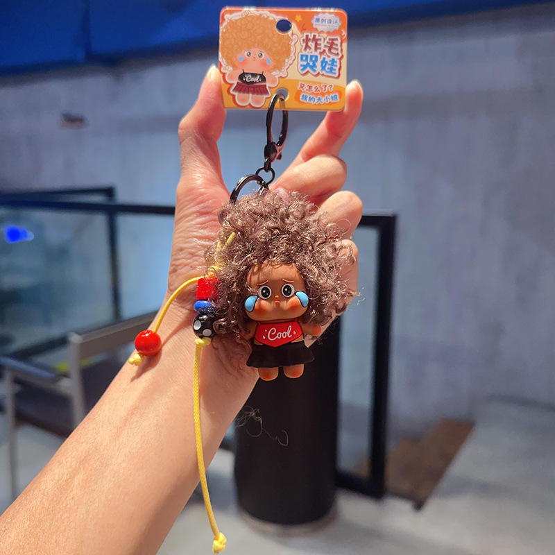 Cute Fluffy Curly Hair Crying Doll Keychain Braided Rope Backpack Charm ...