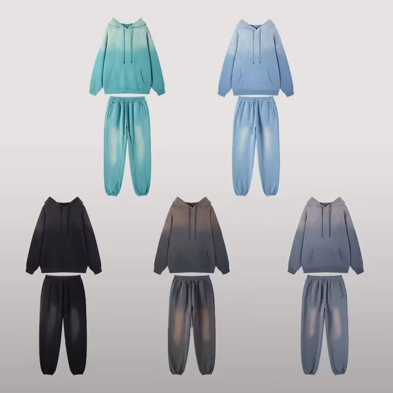 Unisex Solid Color Hooded Jogger Tracksuit Set 100% Cotton Breathable ...