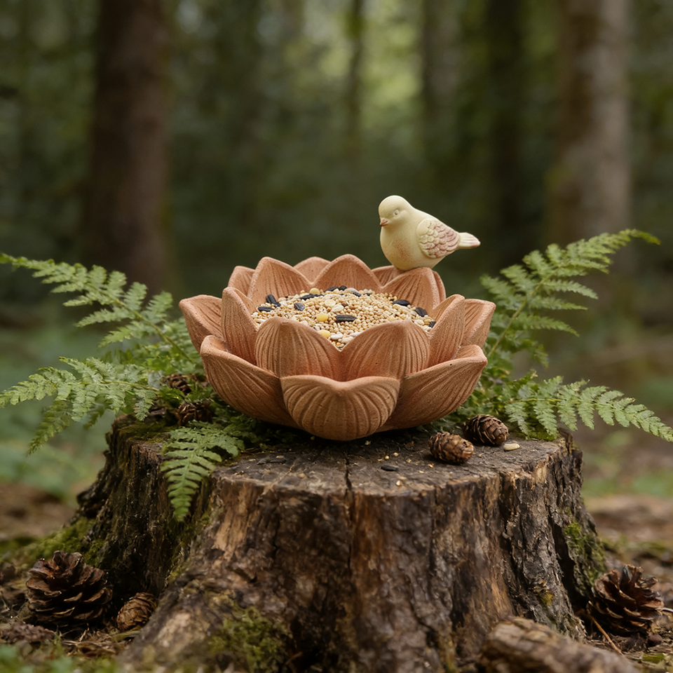 Lotus Bird Bath with Yellow Bird Resin Sculpture, Feeder Tray with Bird ...