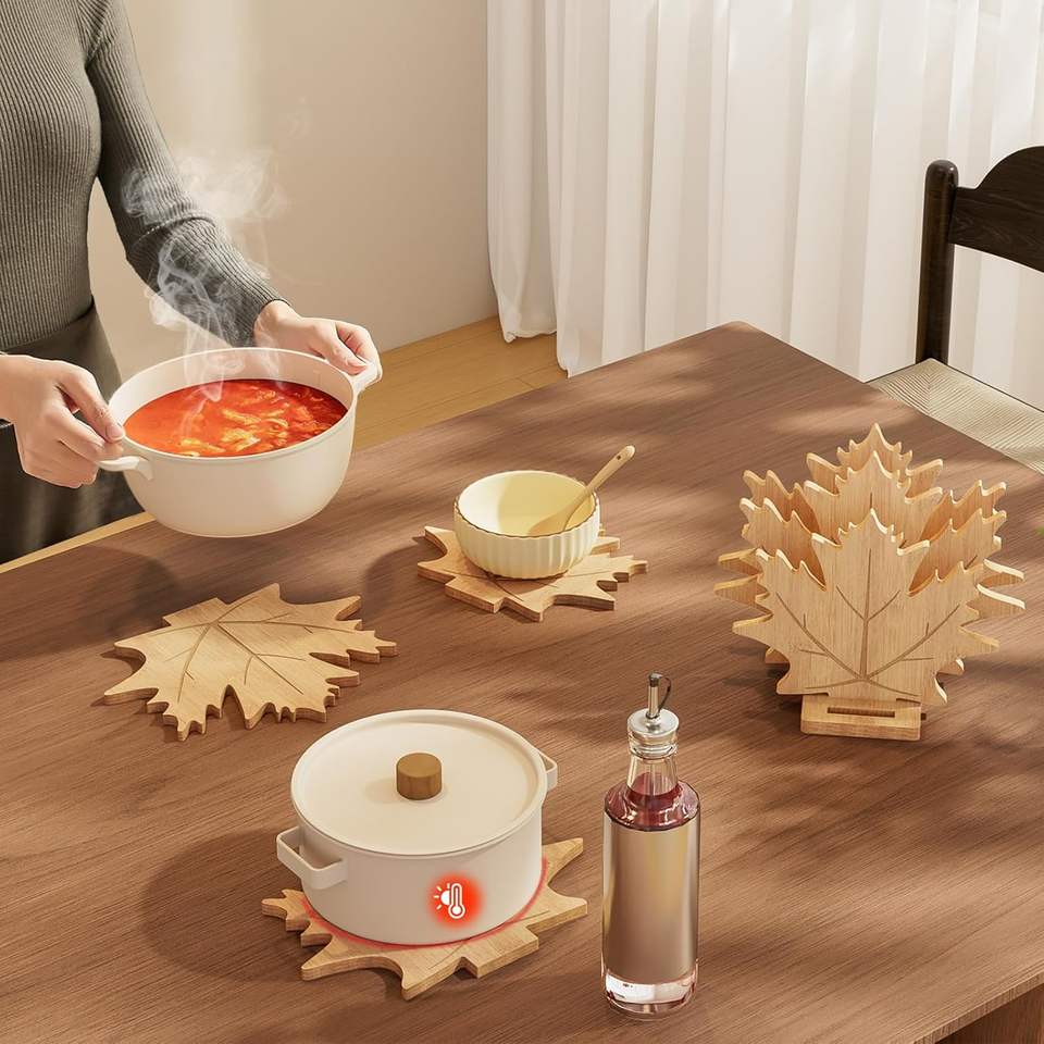 Maple Leaf Design Bamboo Trivets for Hot Dishes Large Non-Slip Heat ...